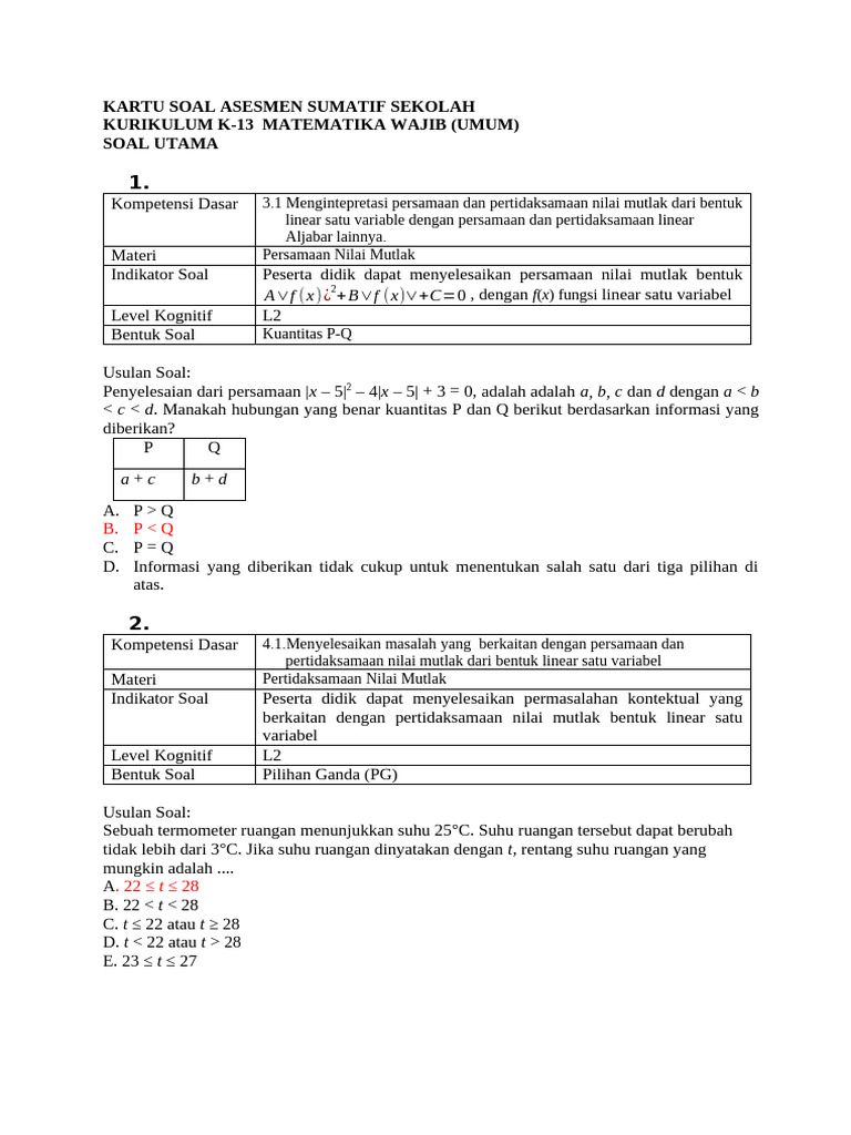 Kartu Soal Utama US MTK Wajib 2024 2025 | PDF