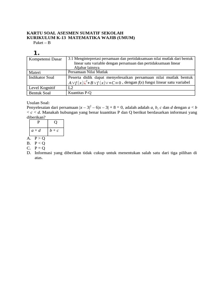 Kartu Soal Cadangan US MTK Wajib 2024 2025 | PDF