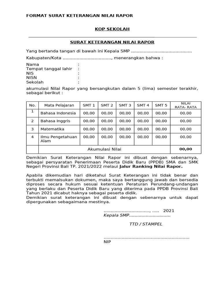Surat Keterangan Nilai Rapor | PDF