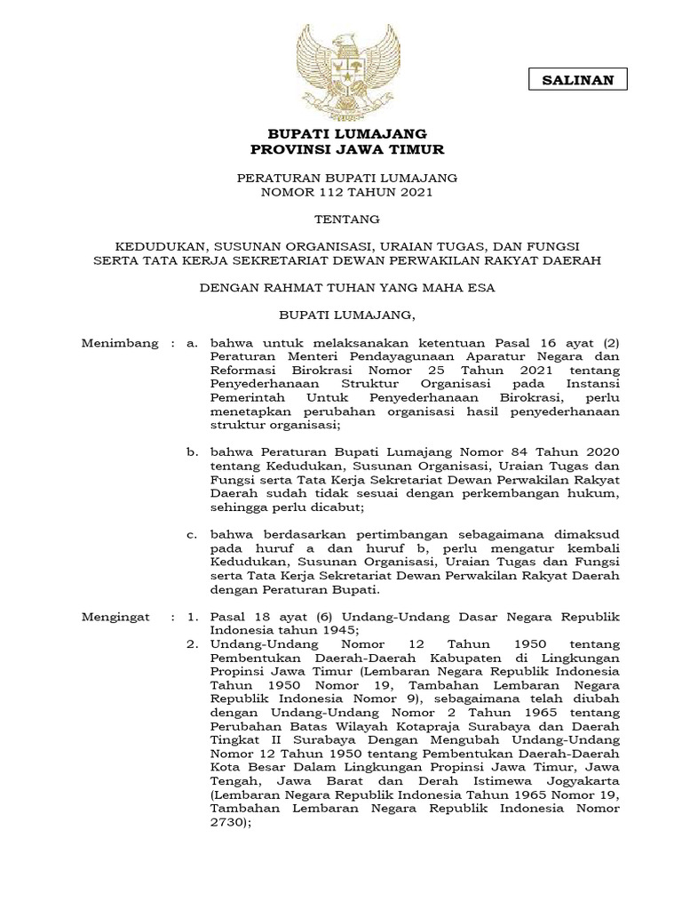 Perbup No 112 2021 Tentang Kedudukan Susunan Organisasi Uraian Tugas ...