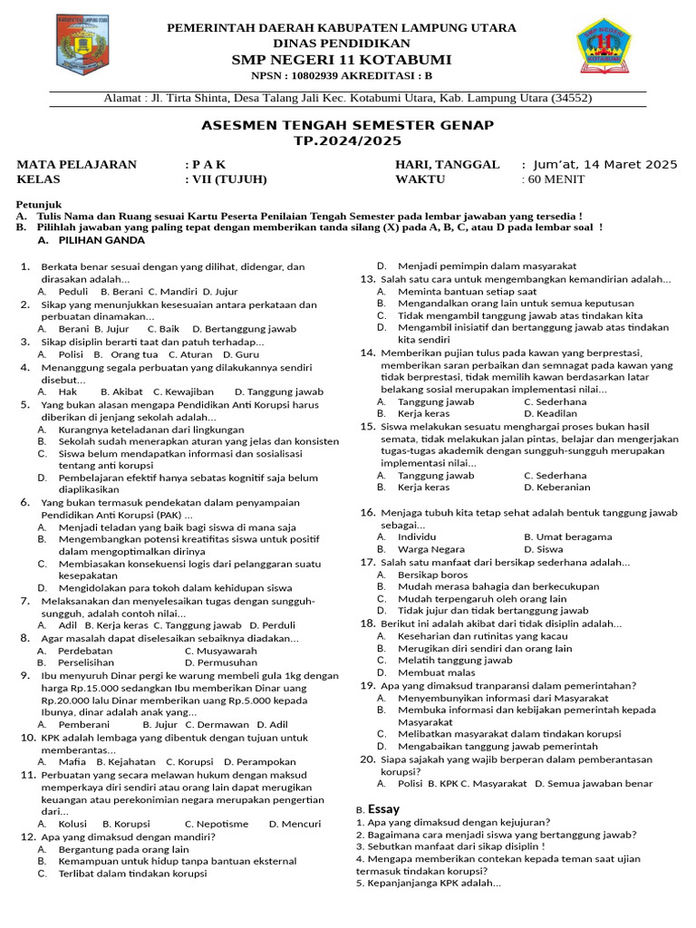 Soal PAK Kelas 7 UTS Semester Genap | PDF