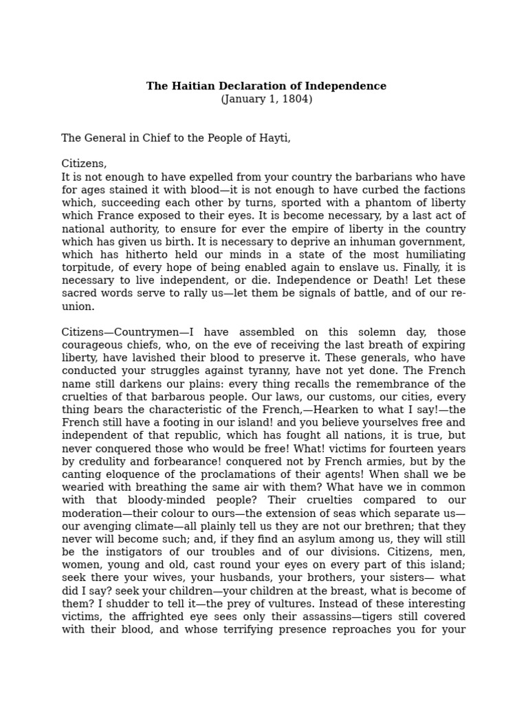 The Haitian Declaration of Independence - 1 January 1804 | PDF