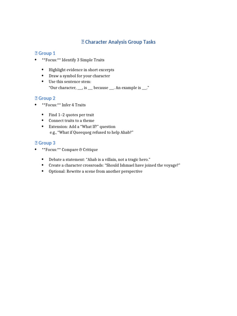 Character Analysis Group Tasks | PDF
