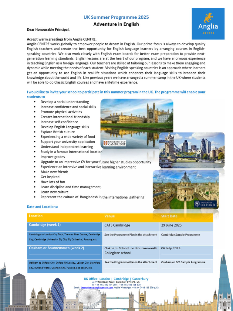 Invitation For UK Summer Programme 2025 - Anglia (1) | PDF | Learning ...