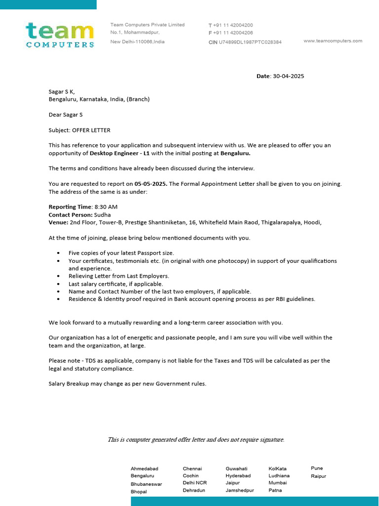 A1898333701681209812cda9 Offer Letter 20250430 165857 | PDF | Salary ...