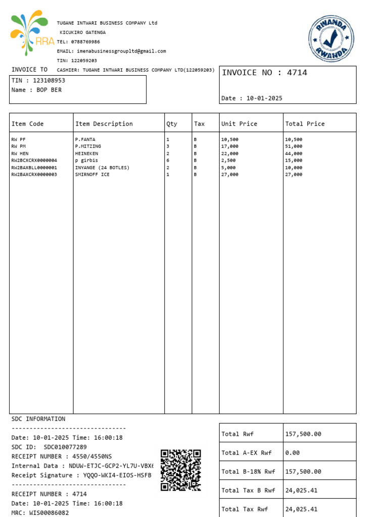 Detailed Invoice for TUGANE INTWARI | PDF