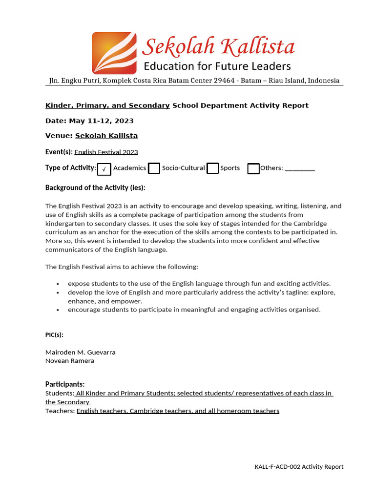 English Festival 2023 Activity Report | PDF | Learning | Human ...
