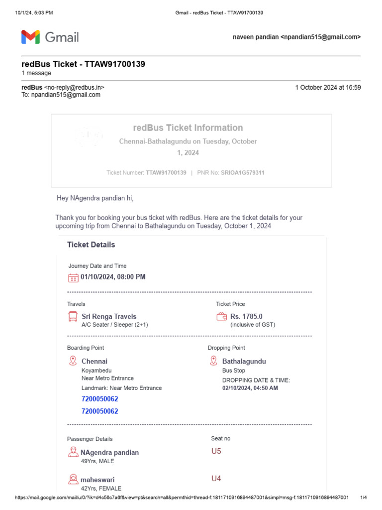 Gmail - RedBus Ticket - TTAW91700139 | PDF