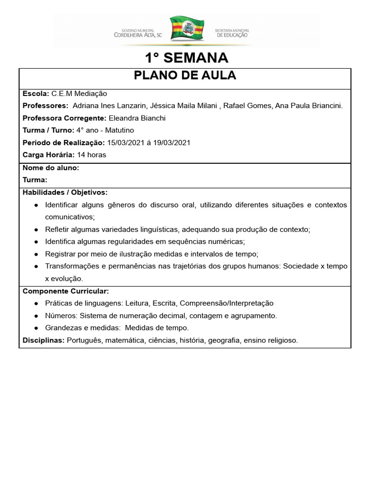 4ANO PLANO DE AULA QUINZENAL ADAPTADO 15 A 26 de Marco | PDF | Cor | Tempo