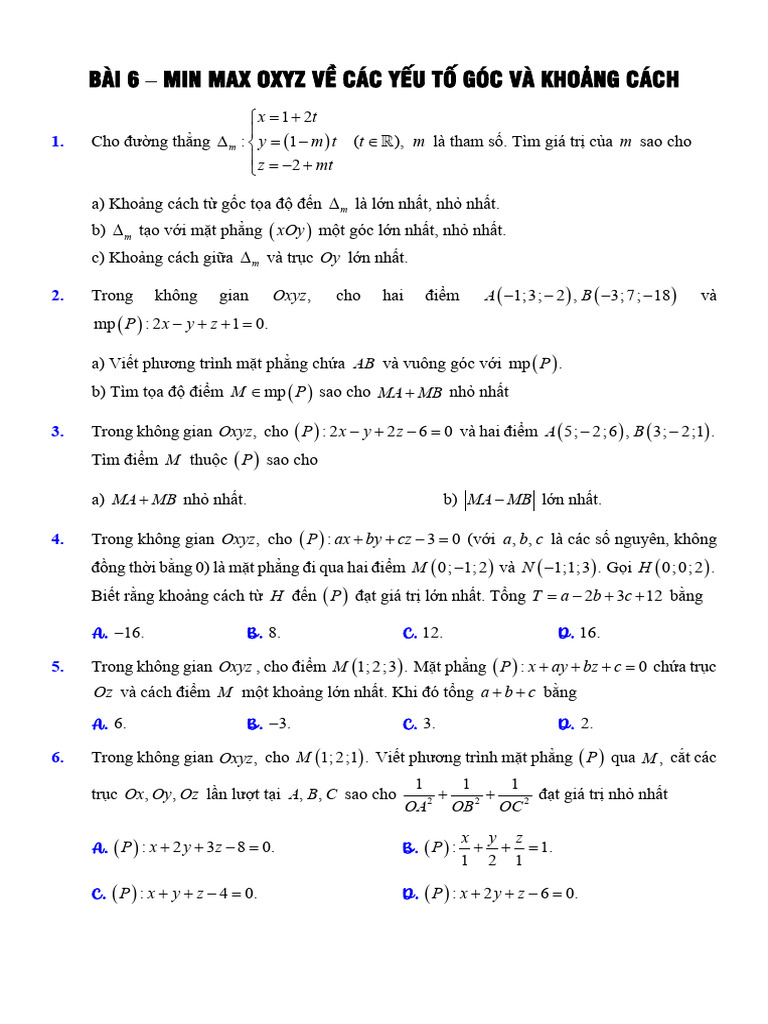G6 - Min Max Oxyz Về Các Yếu Tố Góc Và Khoảng Cách | PDF