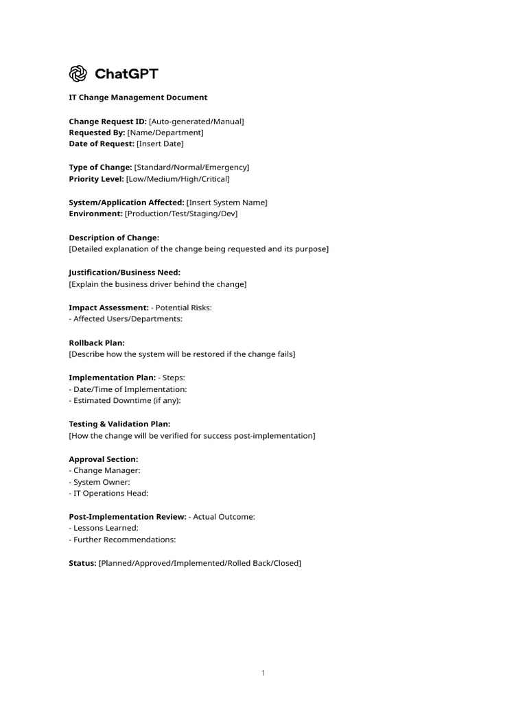 IT Change Management Template | PDF