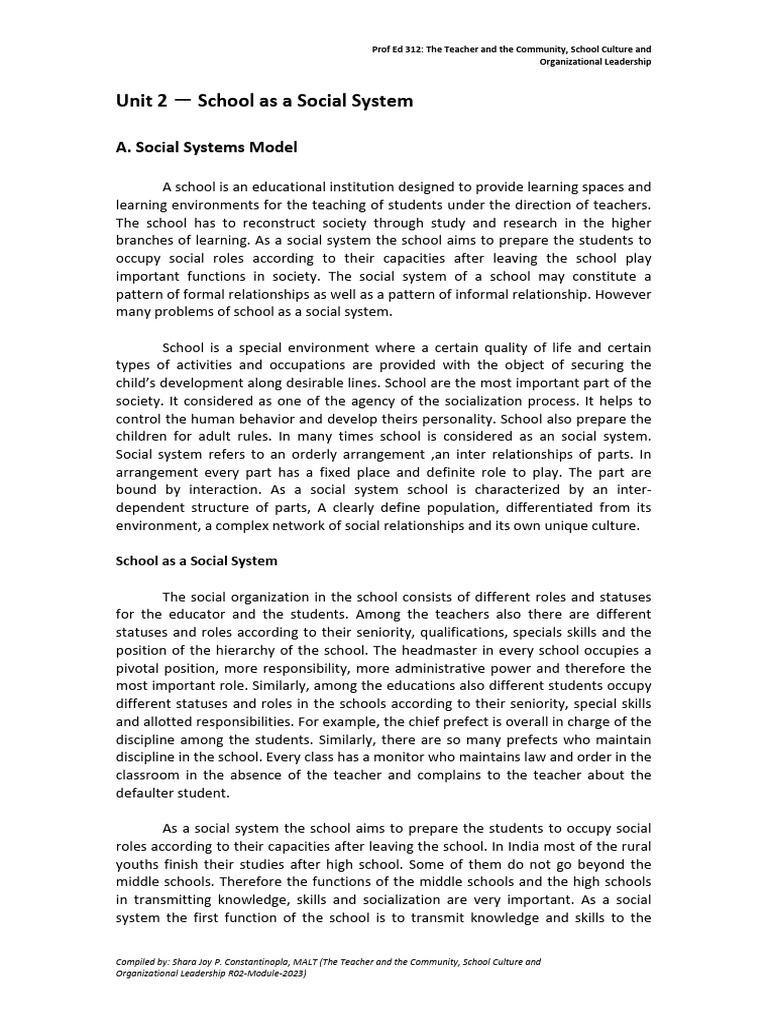 Unit 2 School As A Social System | PDF | System | Leadership