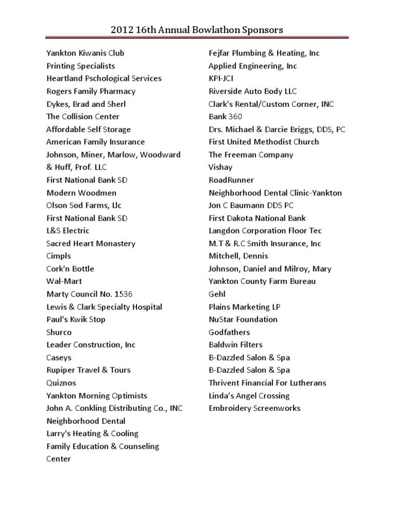2012 Bowlathon Sponsor List | PDF