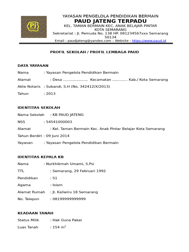 A.1.15.3 Profil Sekolah Profil Lembaga Paud | PDF