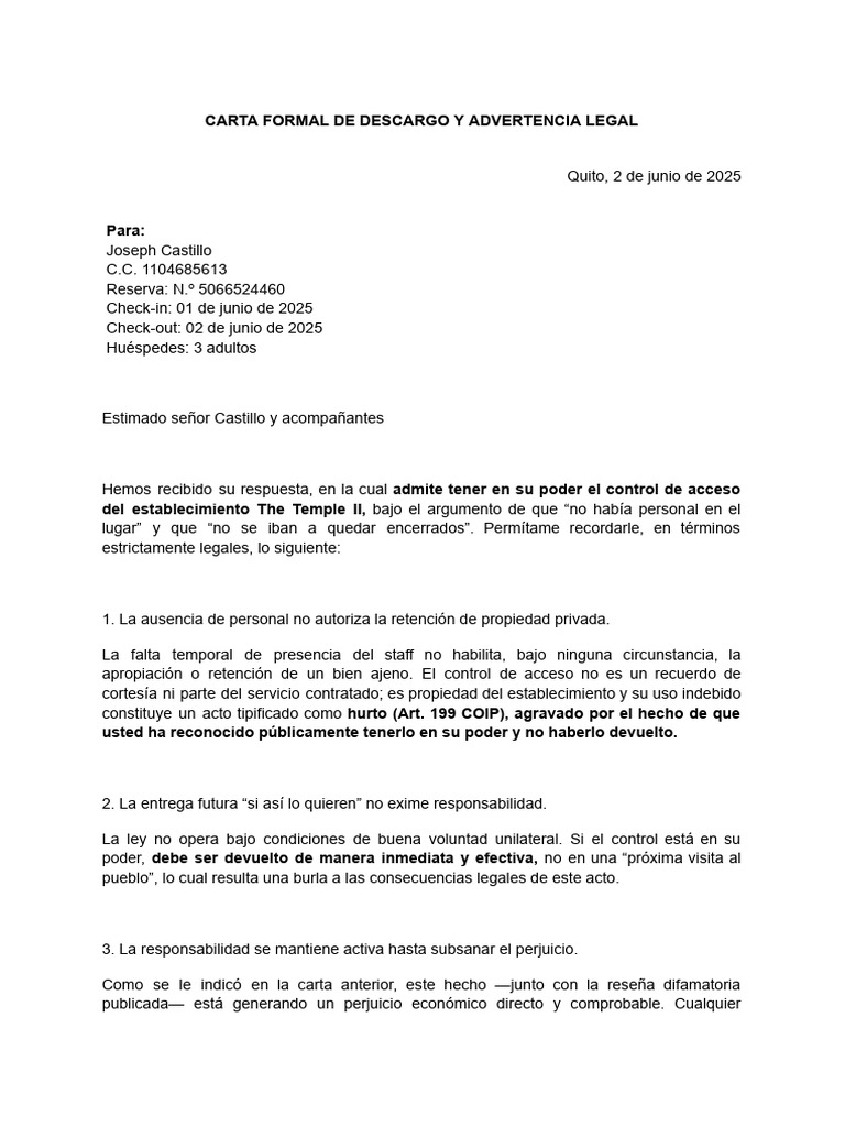 Carta Formal de Descargo y Advertencia Legal-2 | PDF