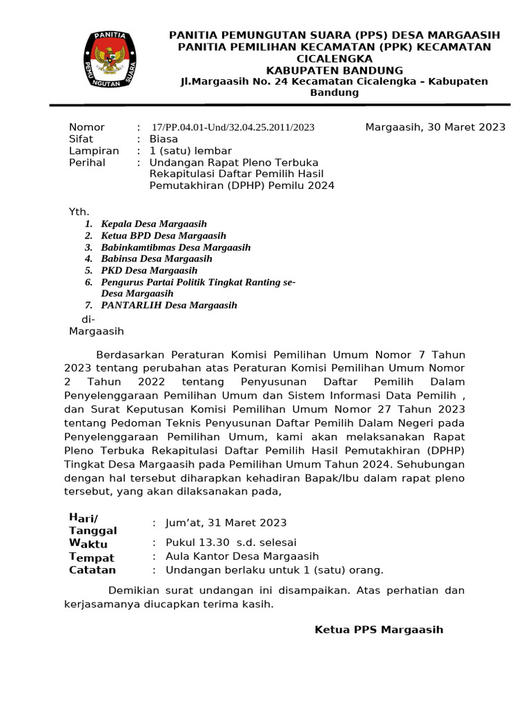 Undangan Rapat Pleno DPHP Pemilu 2024 | PDF