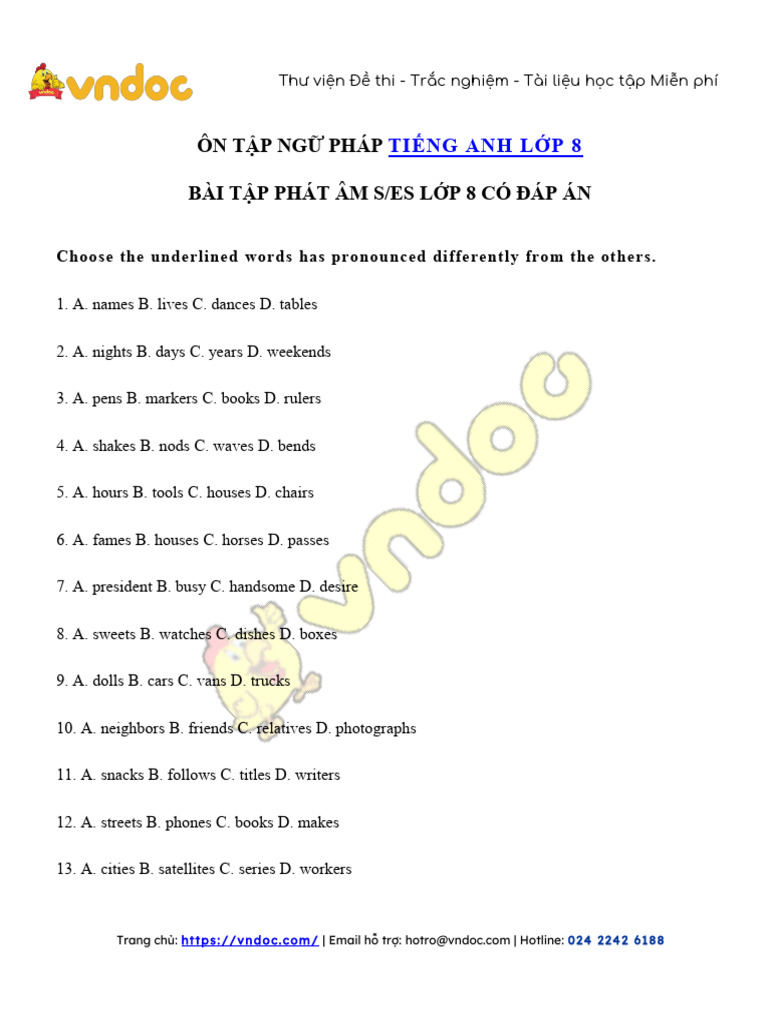 Bai Tap Phat Am S Es Lop 8 Co Dap An | PDF