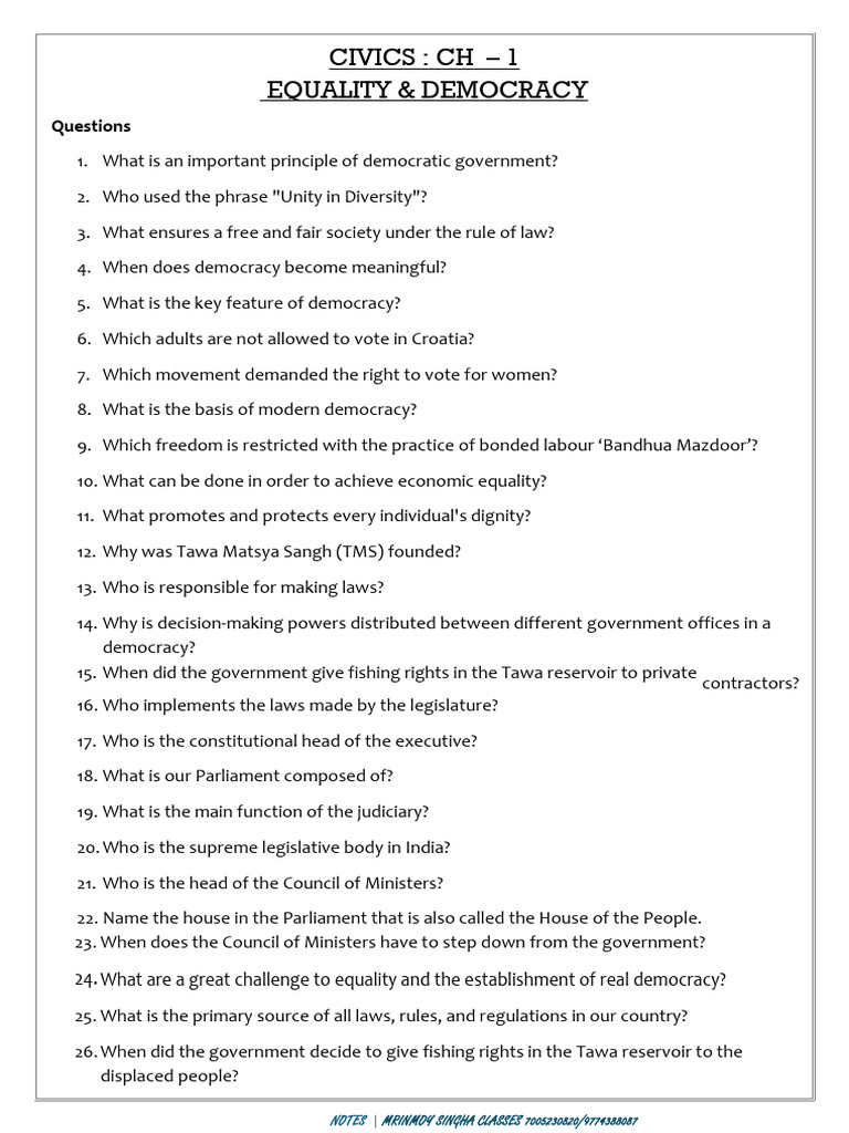 Civics Questions on Equality & Democracy | PDF | Democracy | Political ...