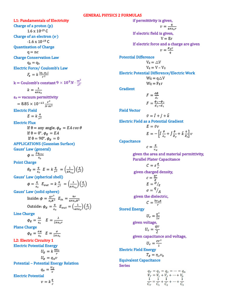 General Physics 2 Formulas | PDF | Electric Field | Permittivity