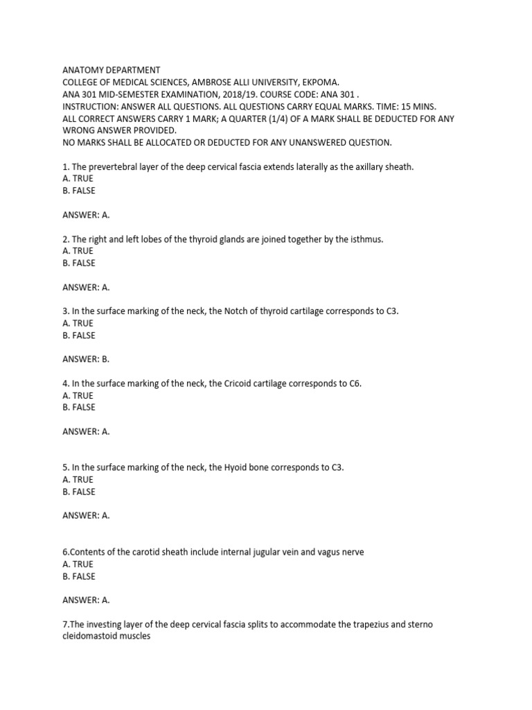 ANA 301 CBE Past Questions. | PDF | Larynx | Human Head And Neck