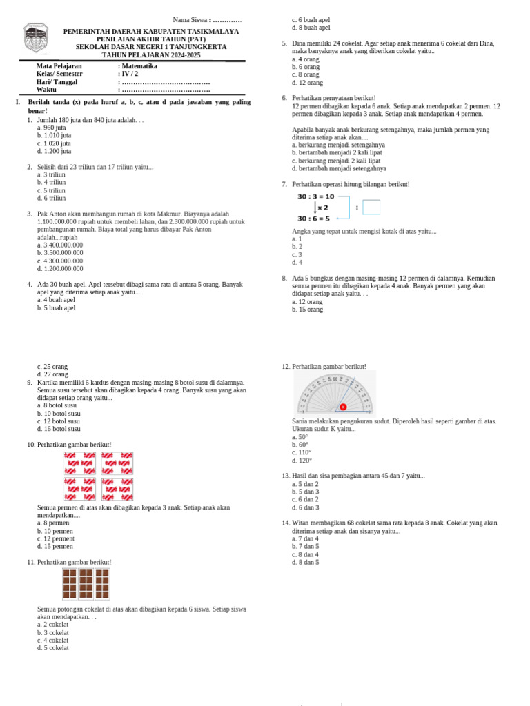 SAS 1 MTK Kelas 4 | PDF