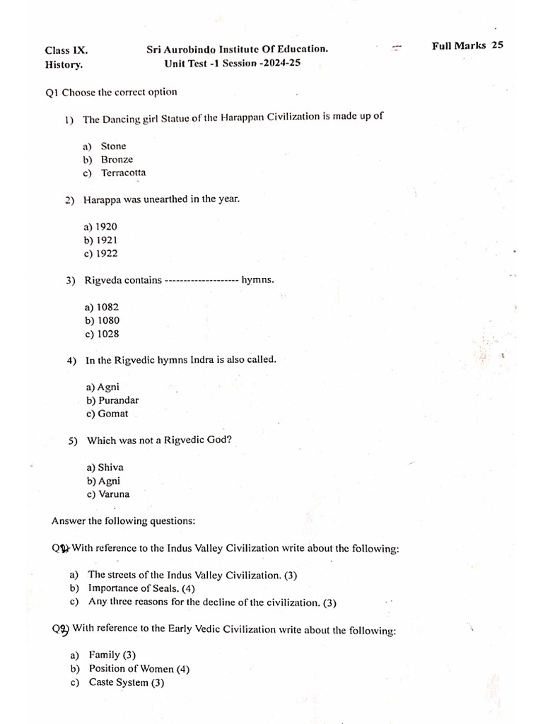 Class 9 Unit Test 1 Question Papers | PDF