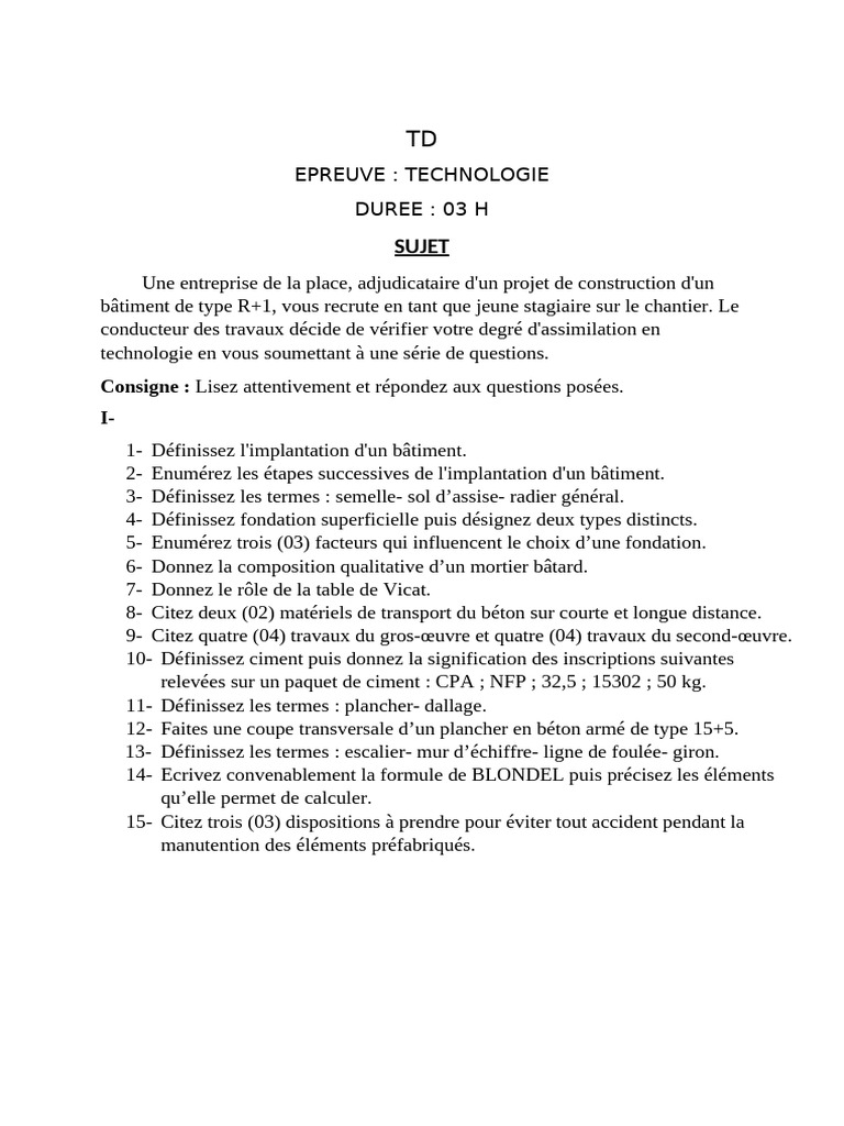Questions sur la technologie du bâtiment | PDF