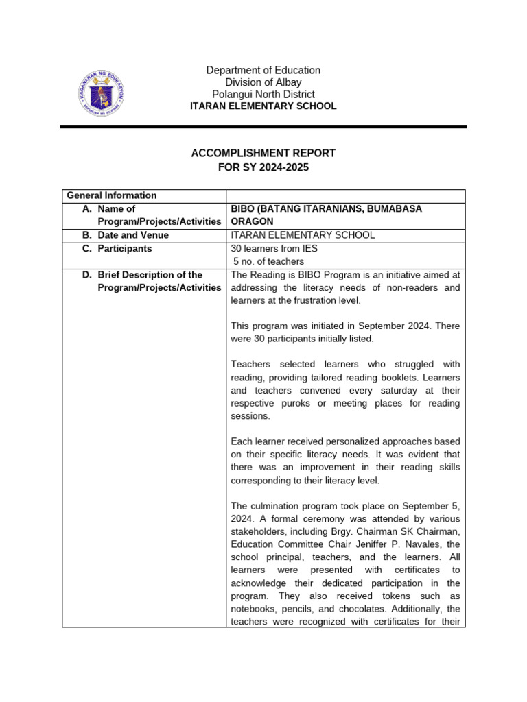 Remedial Reading Accomplishment Report Sample | PDF | Learning | Cognition