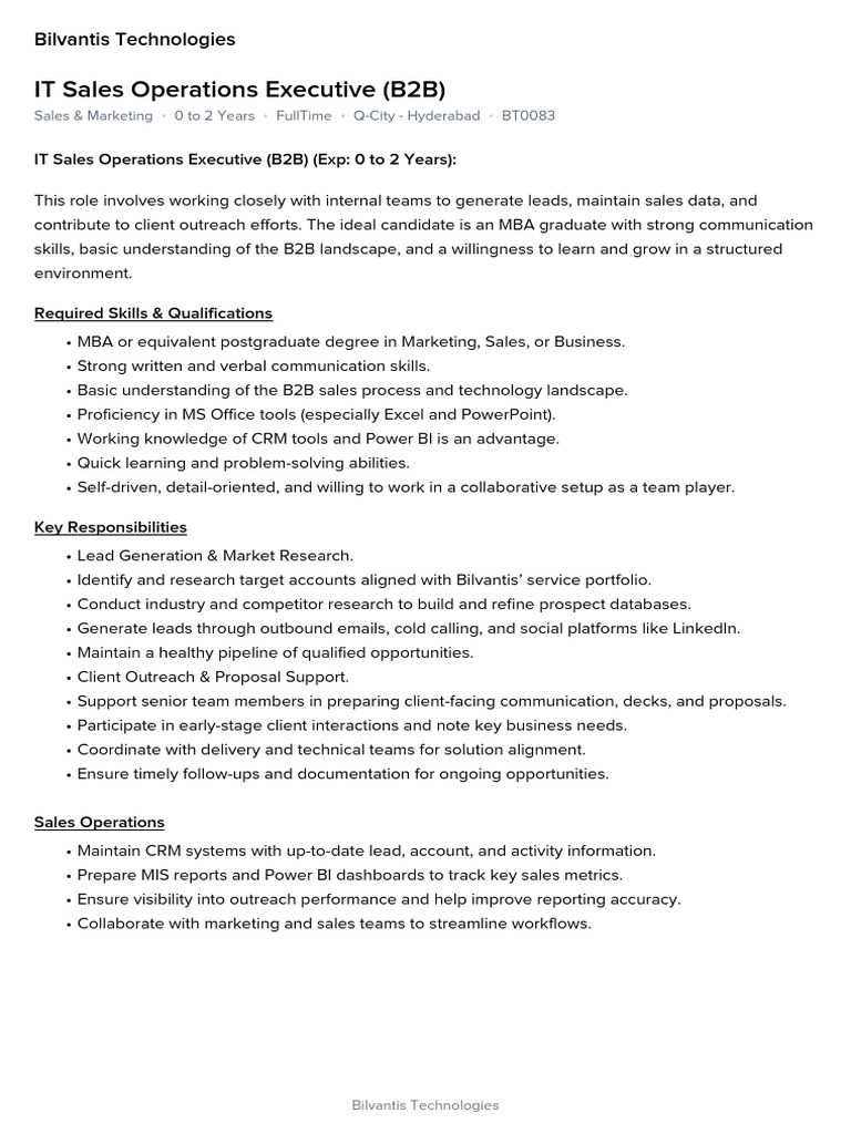 Job Description - Trainee Sales Operations Executive | PDF