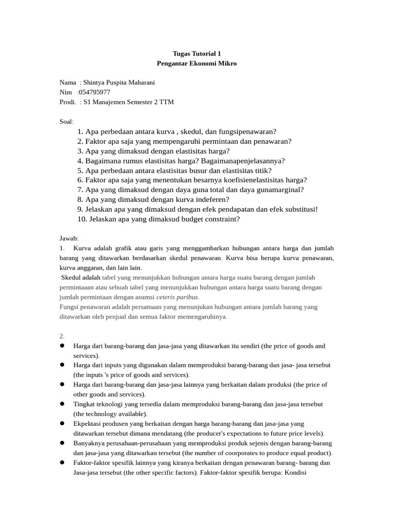 Tugas Tutorial Pengantar Ekonomi Mikro 1 | PDF