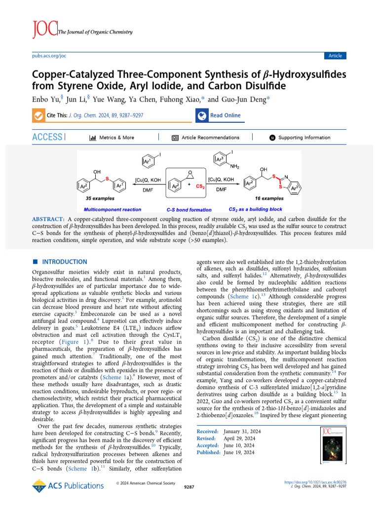 Copper Catalyzed Three Component Synthesis of β Hydroxysulfides From Styrene Oxide Aryl Iodide ...