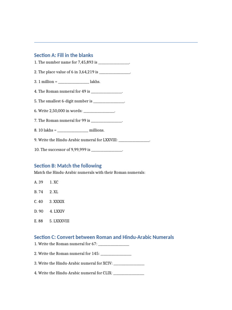 Grade 5 Large Numbers Roman Numerals Revision Worksheet | PDF