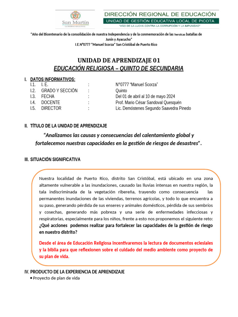 Unidad - 1 - Quinto Grado | PDF | Aprendizaje | Fe