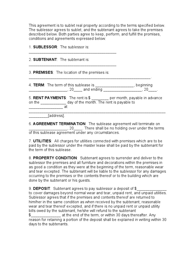 Standard Sublet Agreement | PDF | Lease | Property