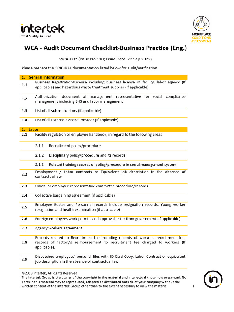 WCA Audit Checklist Overview | PDF | Employment | Audit