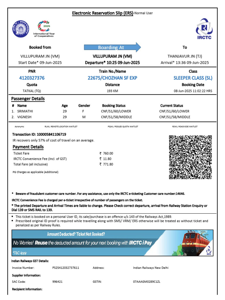 Electronic Reservation Slip for Train Travel | PDF | Identity Document ...
