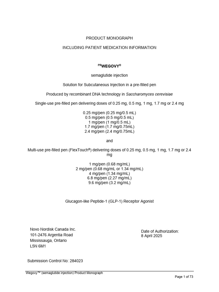 Wegovy Product Monograph | PDF | Diabetes | Dose (Biochemistry)