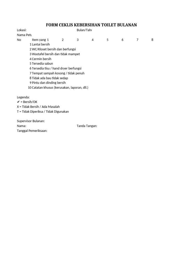 Ceklis Kebersihan Toilet Bulanan | PDF