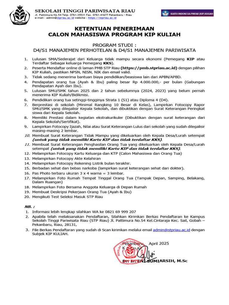 Ketentuan Penerimaan KIP KULIAH-STP Riau 2025 | PDF