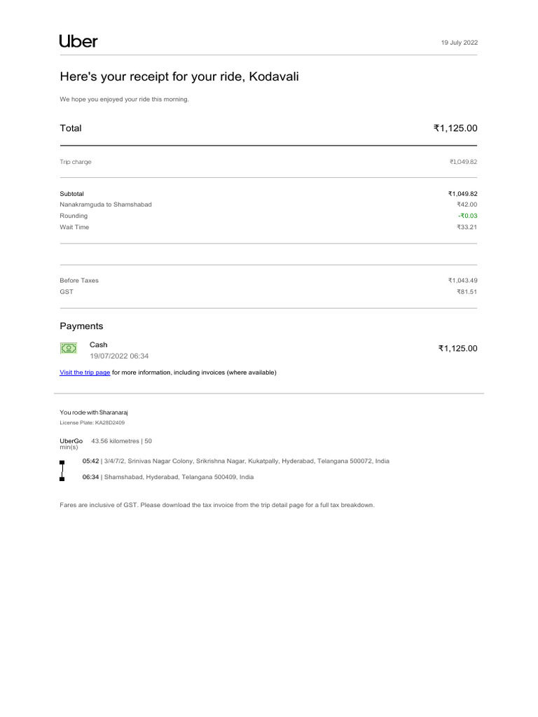 Here's Your Receipt For Your Ride, Kodavali: Total 1,125.00 | PDF