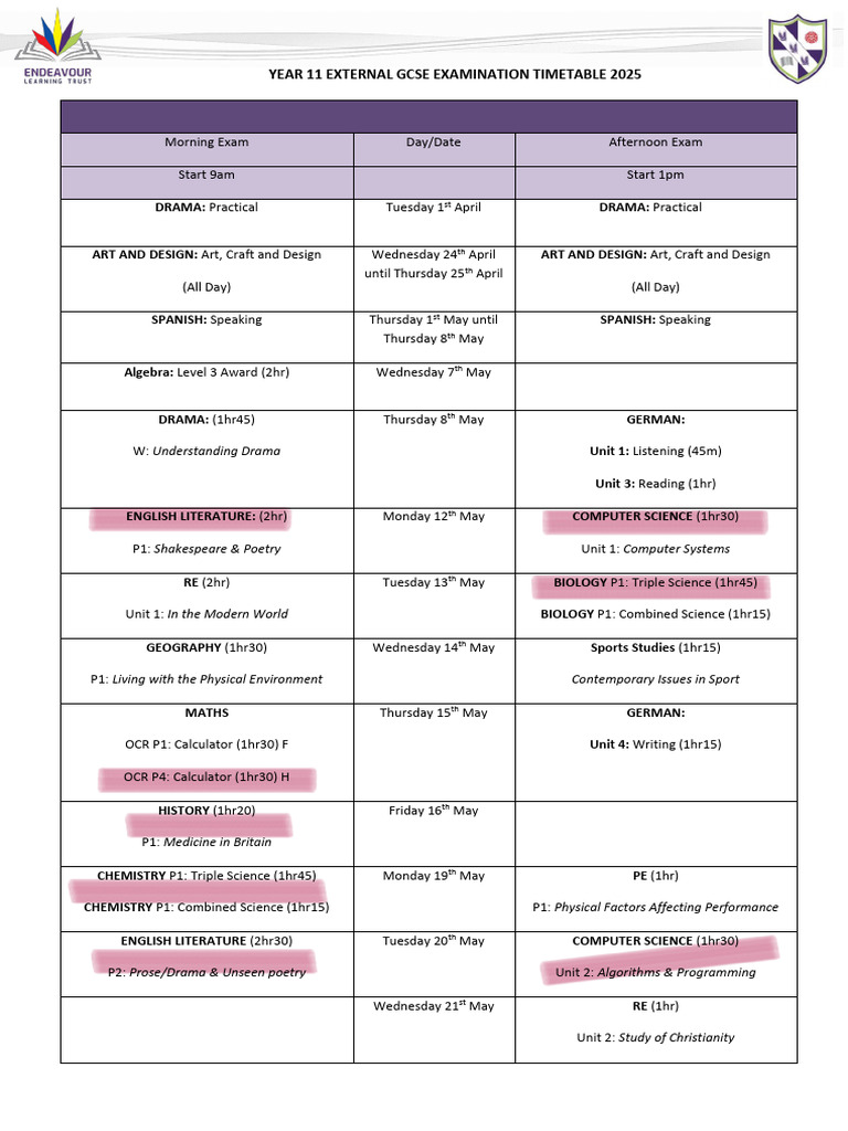 Year 11 External Gcse Examination Timetable 2025 | PDF | Science