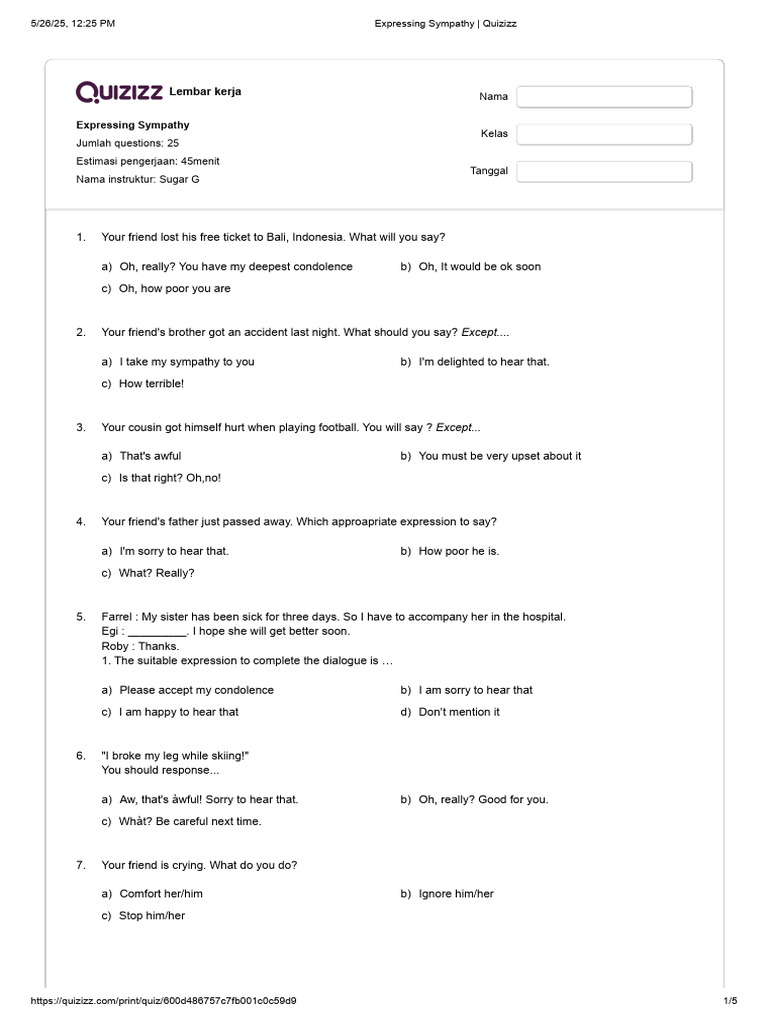 Sympathy Expressions Worksheet | PDF