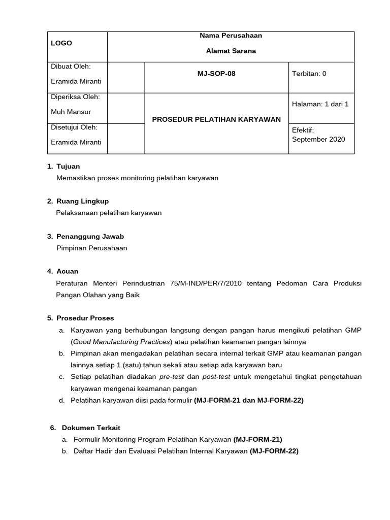 SOP 08 Prosedur Pelatihan Karyawan | PDF