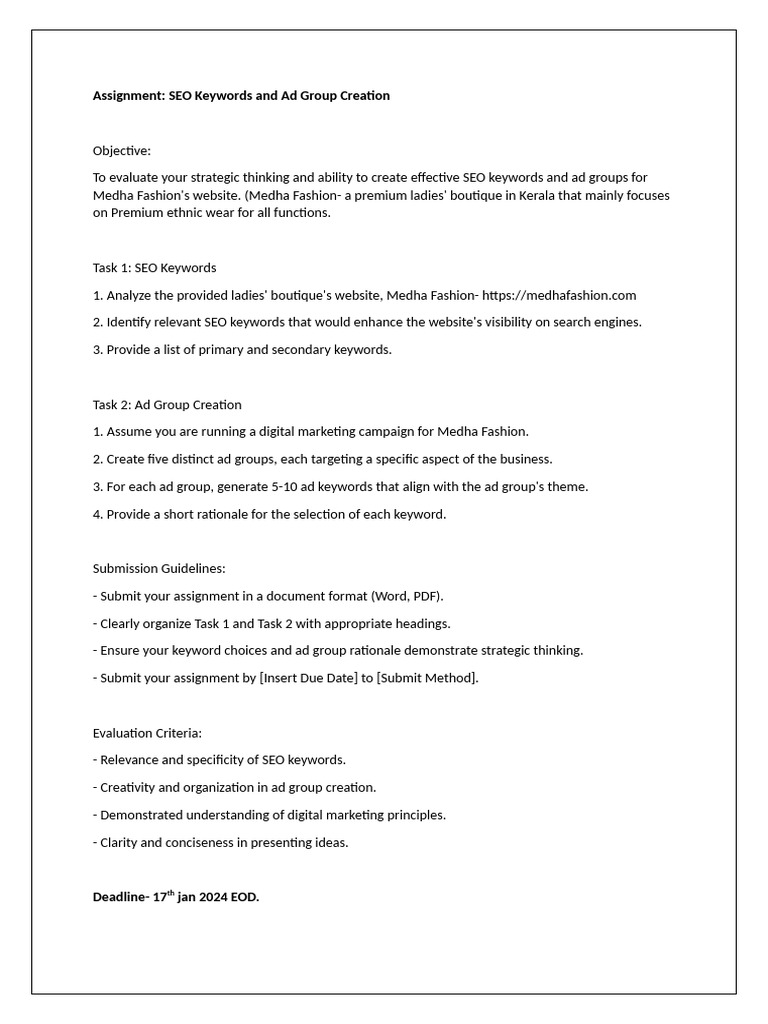 SEO Keywords & Ad Groups for Medha Fashion | PDF