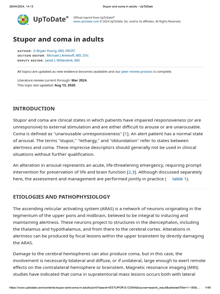 Stupor and coma in adults | PDF | Coma | Anatomical Terms Of Motion