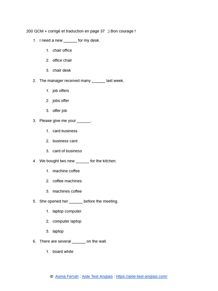 200 QCM Corrige Et Traduction - Anglais | PDF | Office Equipment | Office Work