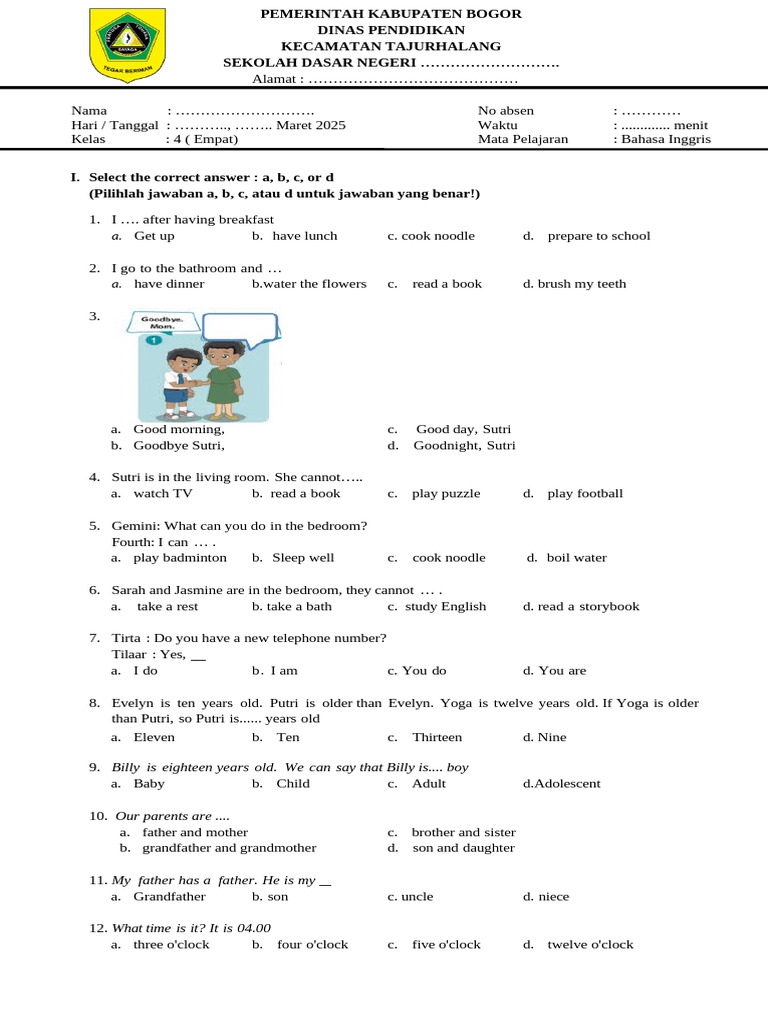 Soal PAT Bahasa Inggris Kelas 4 SDN Nanggerang 01 Sutriyadi Semester 2 ...