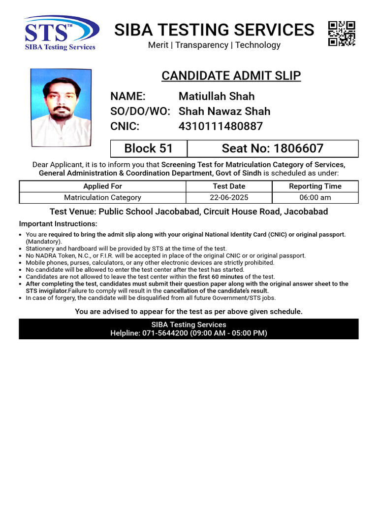 Siba Testing Services: Candidate Admit Slip | PDF
