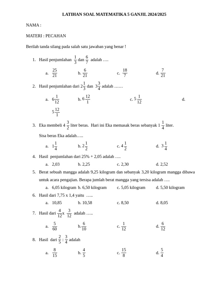 Soal MTK 5 Dan 2 | PDF