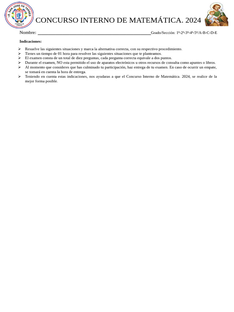 Emcabezado Concurso de Matemática | PDF